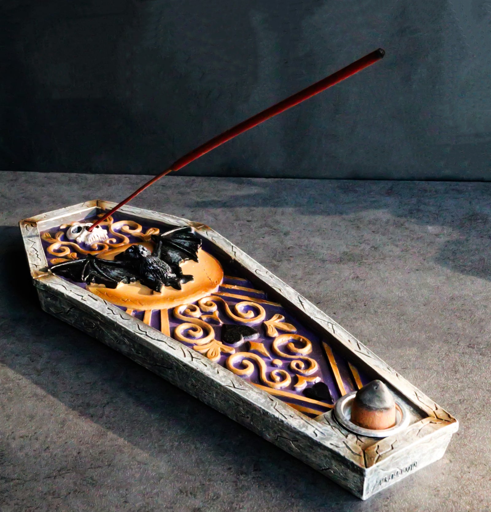 Wicca Mystical Black Bat Skull Full Moon Vampire Coffin Incense Burner ...