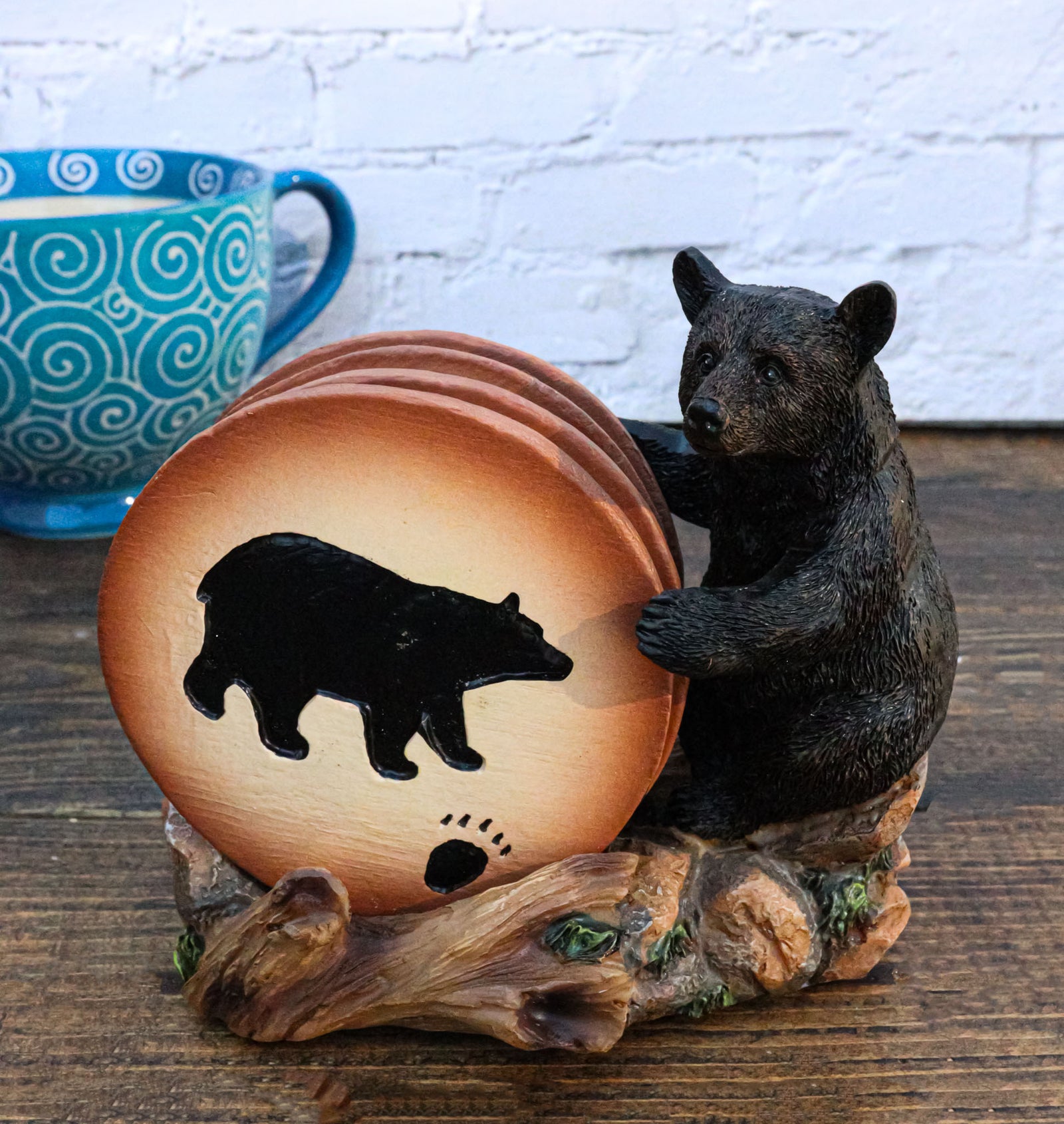 Rustic Woodlands Black Bear Paw Coaster Set 4 Round Coasters Figurine ...