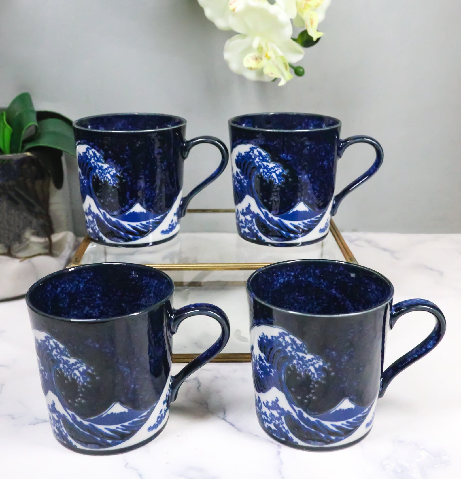 Pack Of 4 Made In Japan Navy Blue Japanese Hokusai Great Wave Of Kanag ...
