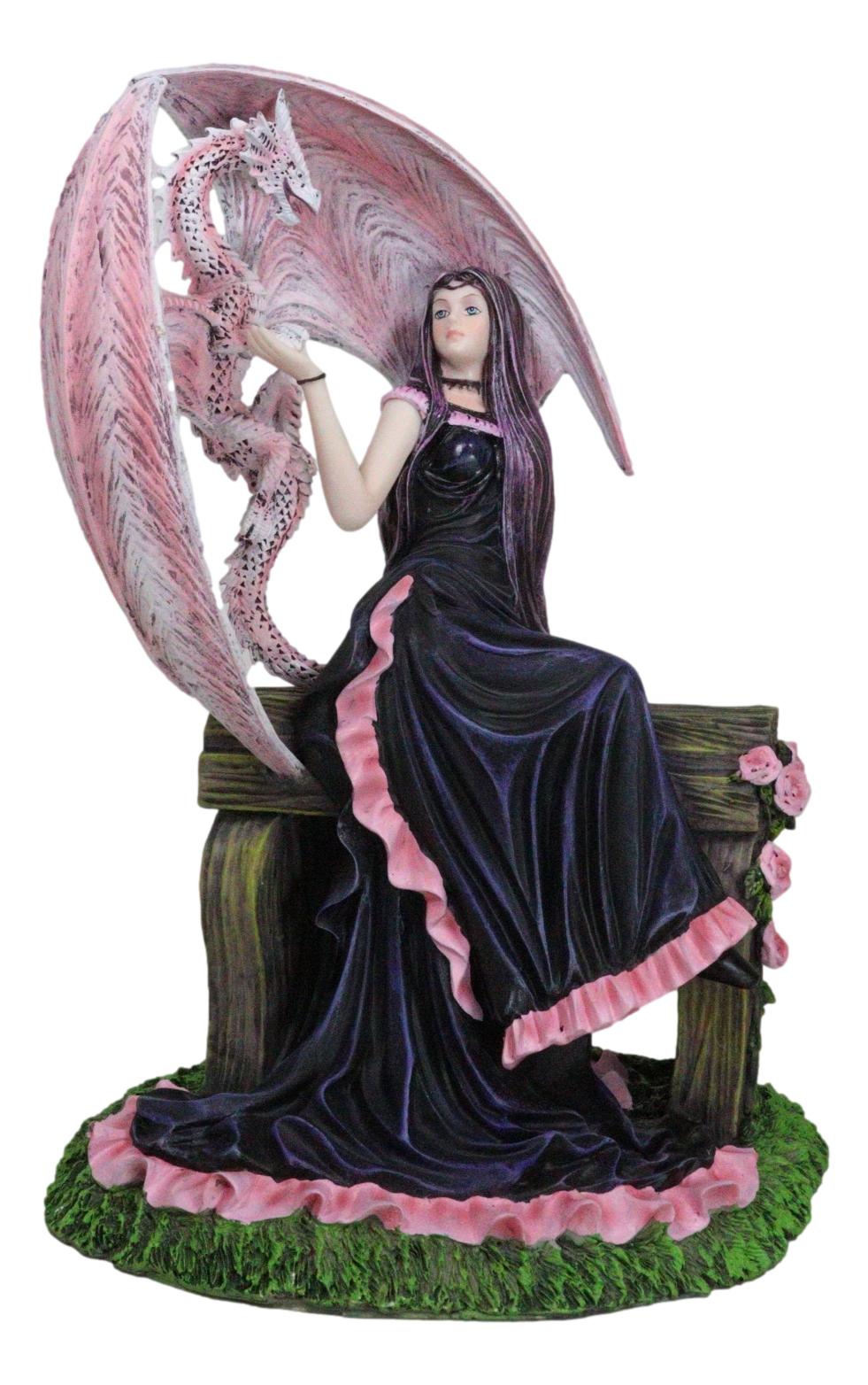Elegant Pink Wyvern Dragon with Rose Fairy in Black Gown Sitting On Be ...