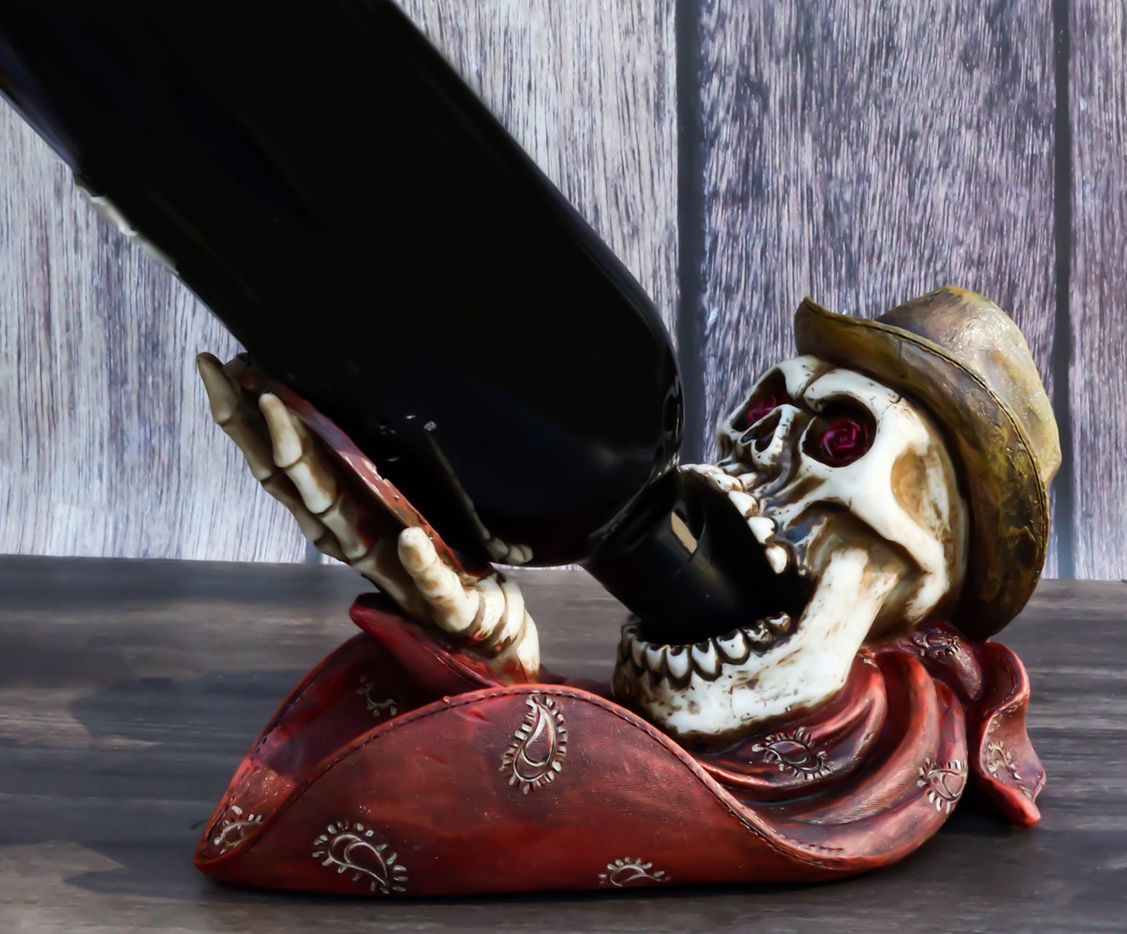 Rustic Western Gritty Budge Cowboy Skull Skeleton with Hat Drinking Wi ...