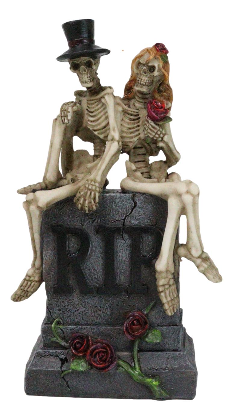 Gothic Skeleton Bridal Couple Sitting On Grave Tombstone With Red Rose ...