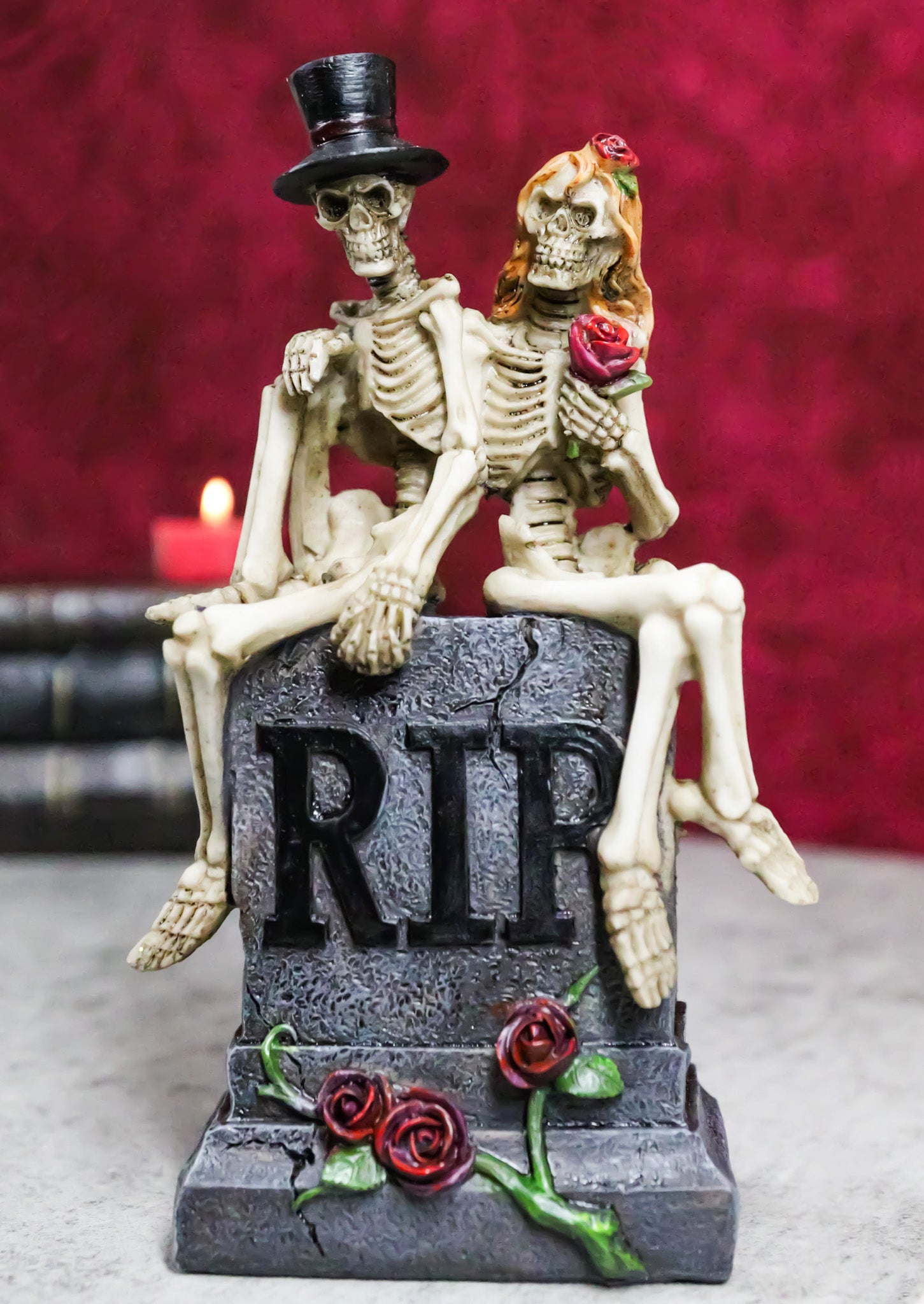 Gothic Skeleton Bridal Couple Sitting On Grave Tombstone With Red Rose ...
