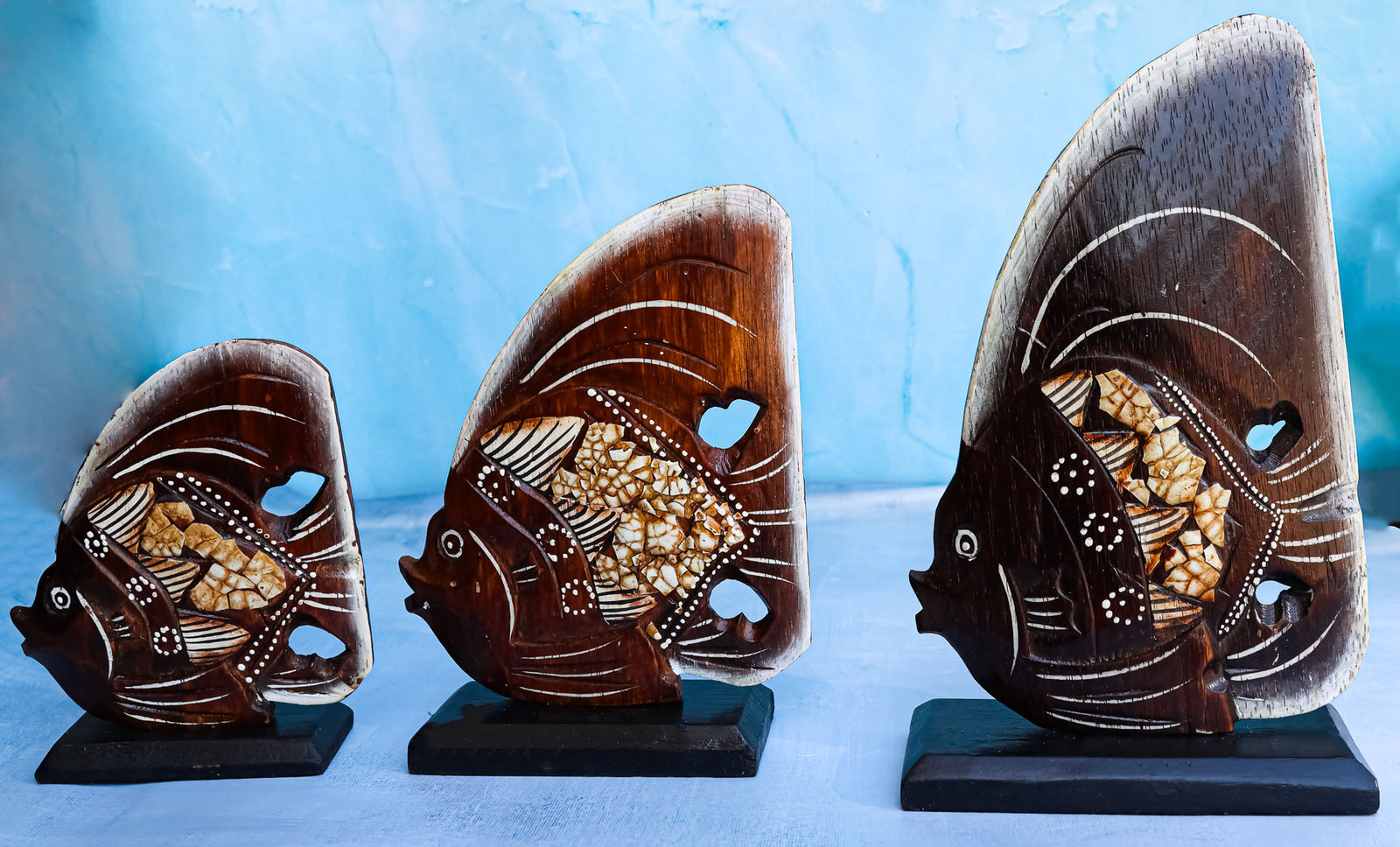 Balinese Wood Handicrafts Tribal Patterned Angel Fish Family Set of 3 ...