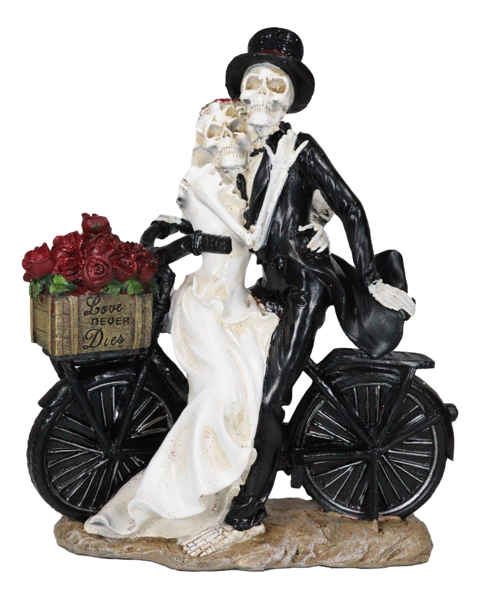 Love Never Dies Skeleton Bridal Couple On Bicycle With Basket of Roses– Ebros Gift