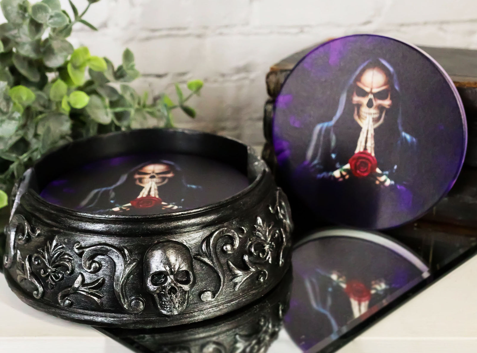 Ebros Gift Gothic Tribal Tattoo Scrollwork Morbid Skulls With Grim Reaper Rose Coaster Set