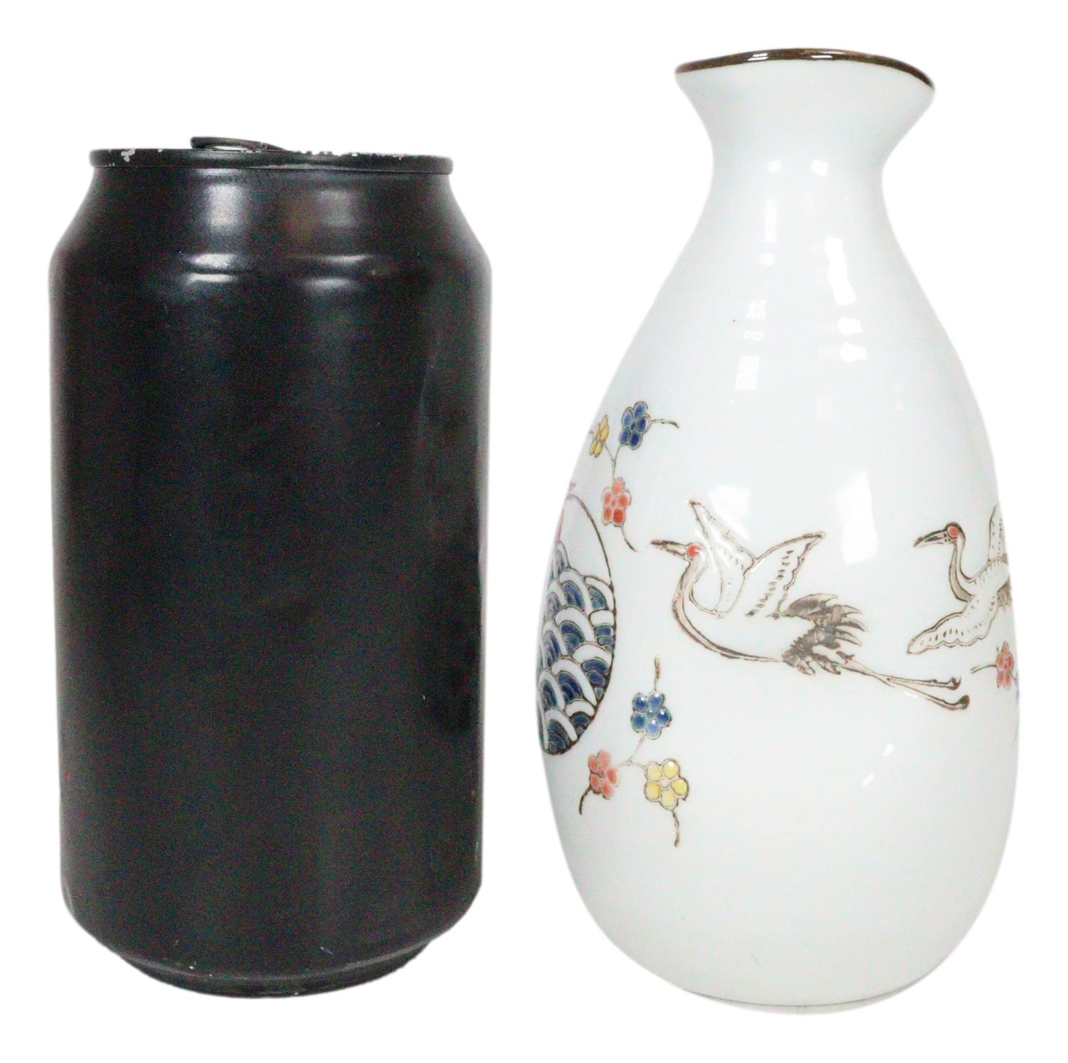 Japanese Design Stork Flight Bird Ceramic White Sake Set Flask With Fo ...