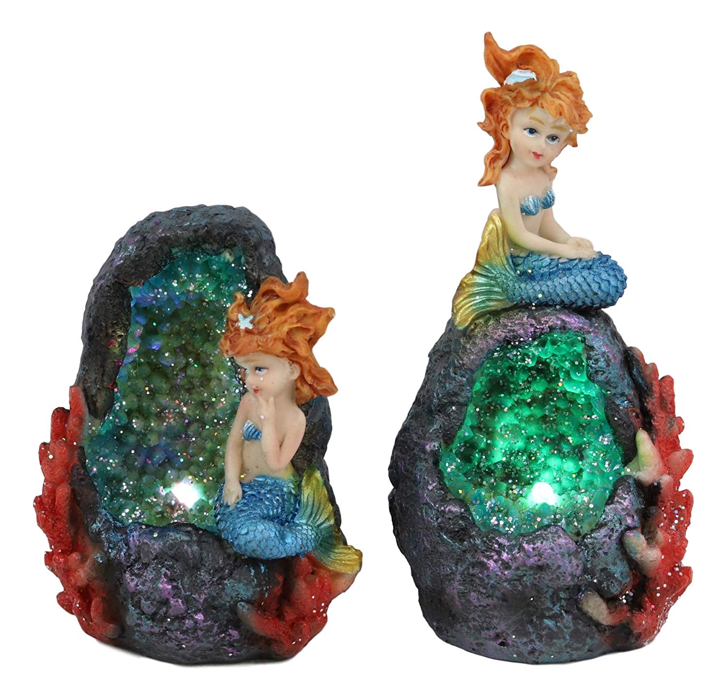 Ebros Nautical Blue Tail Mermaids With LED Light Geode Crystal Cave Fi ...