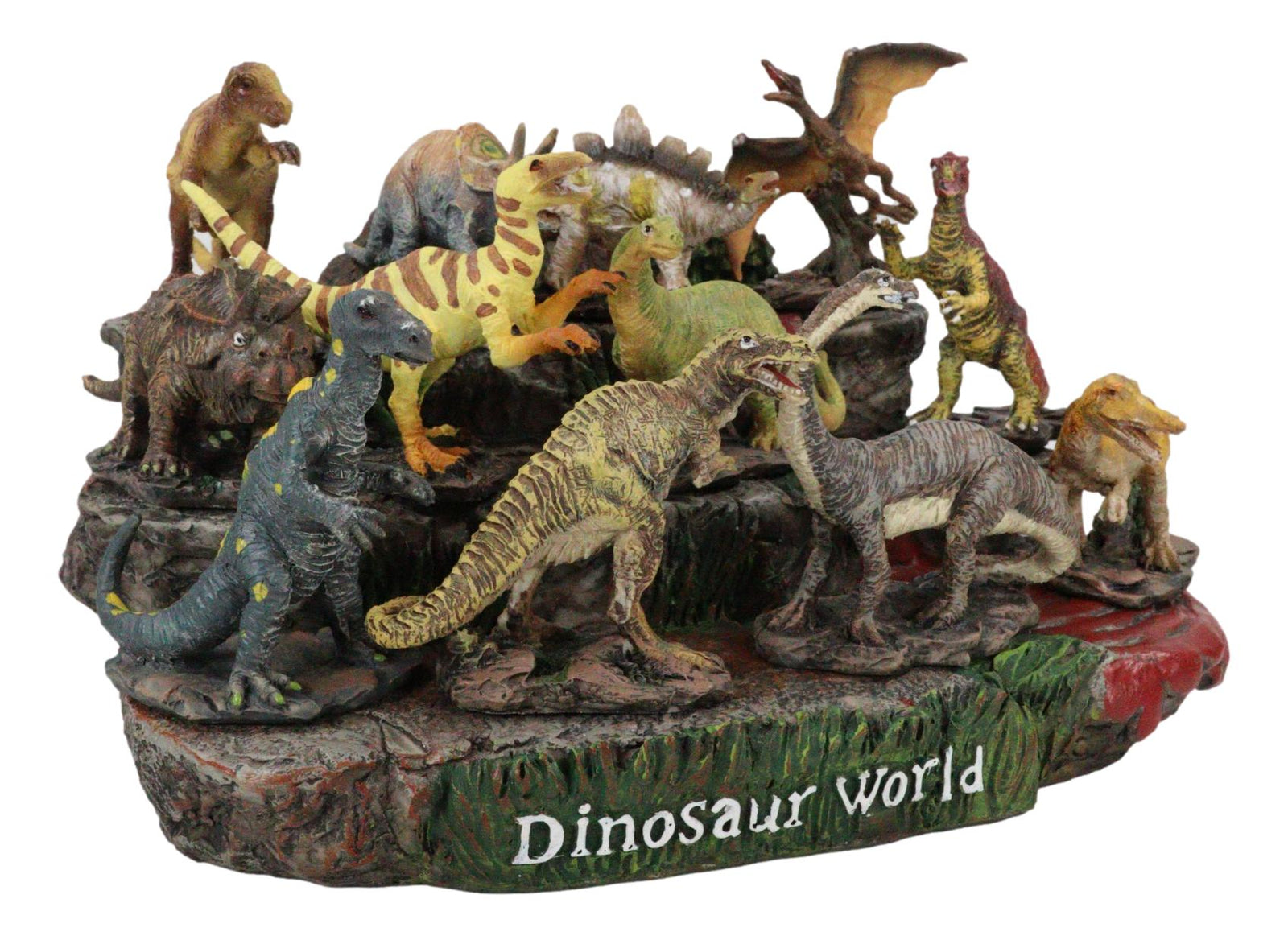 12 Miniature Prehistoric Dinosaurs With Volcanic Mountain Display Figu ...