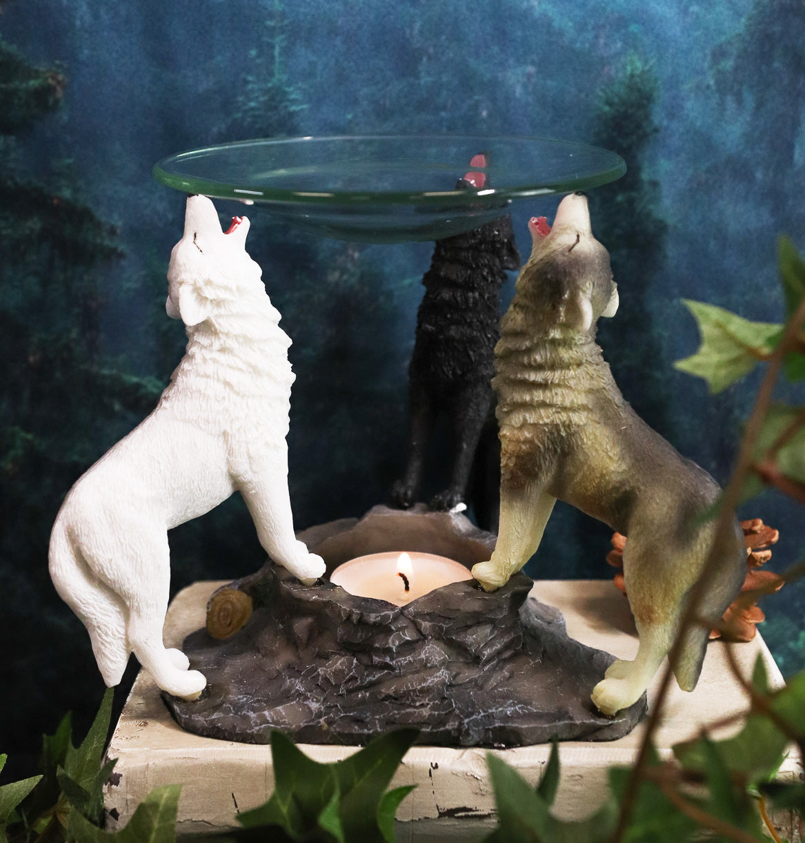 Ebros Moonlight Colorful Three Howling Wolves Oil Warmer Figurine Wax ...