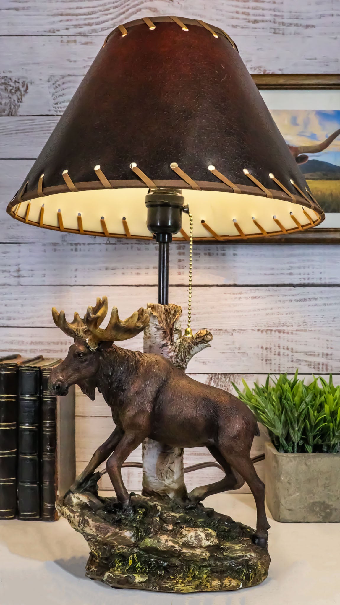 Rustic Country Bull Moose Grand Elk By Birch Tree Desktop Table Lamp W ...