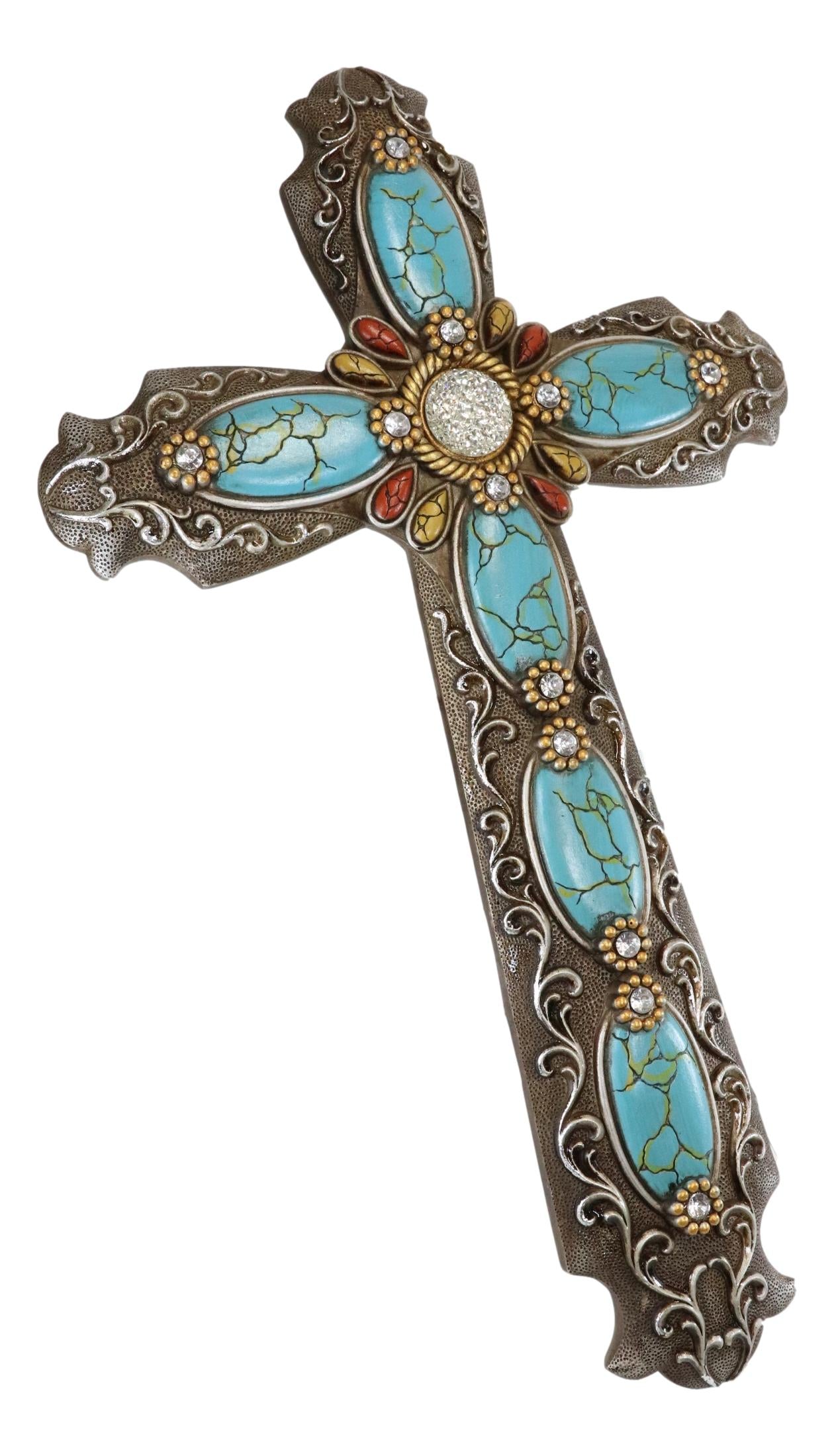 18"H Rustic Western Scroll Lace Wall Cross With Crystals & Turquoise G ...