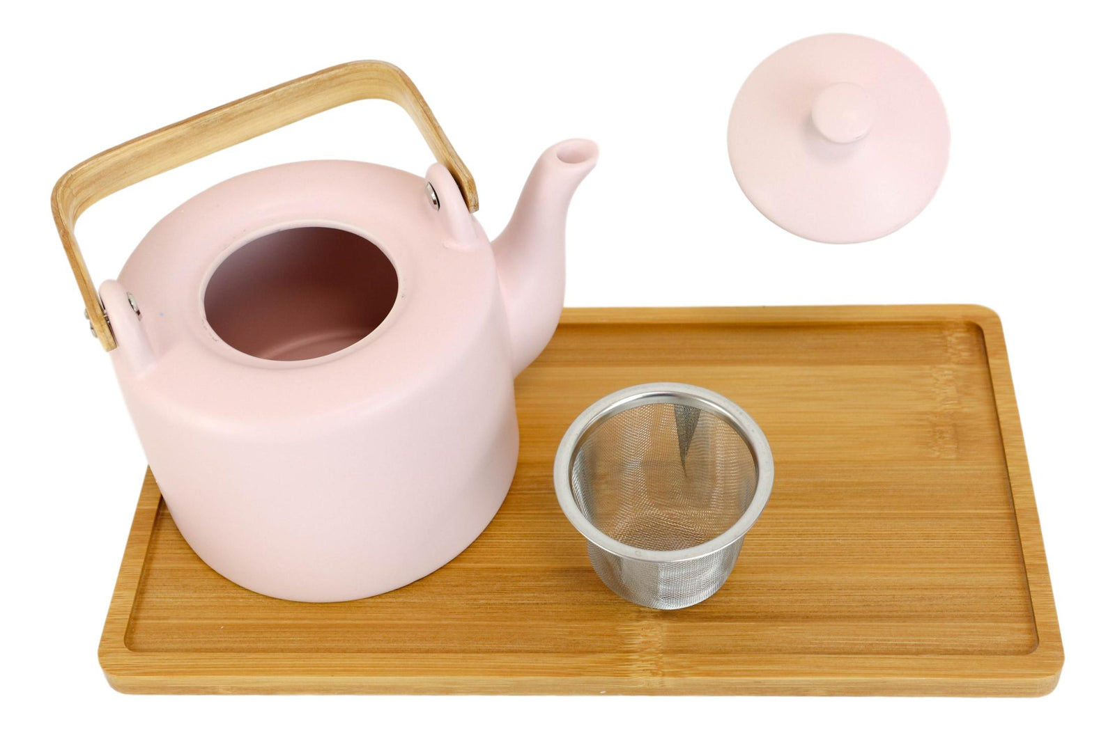 Matte Pink Modern Ceramic 28oz Tea Pot With 4 Cups And Bamboo Serving ...