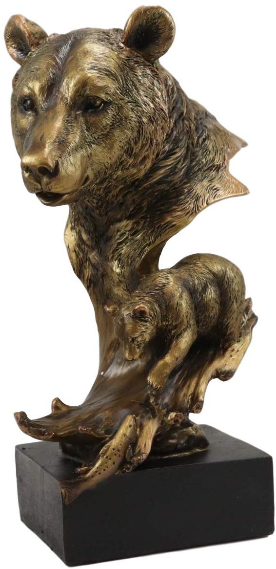 Ebros Large Black Bear Head Bust with Cub Statue On Pedestal Base Figu ...