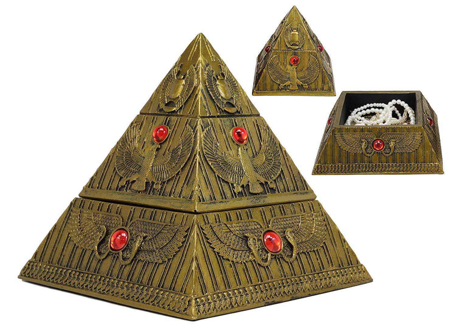 Ebros Egyptian Golden Winged Scarab Falcon Pyramid Jewelry Box Figurin ...