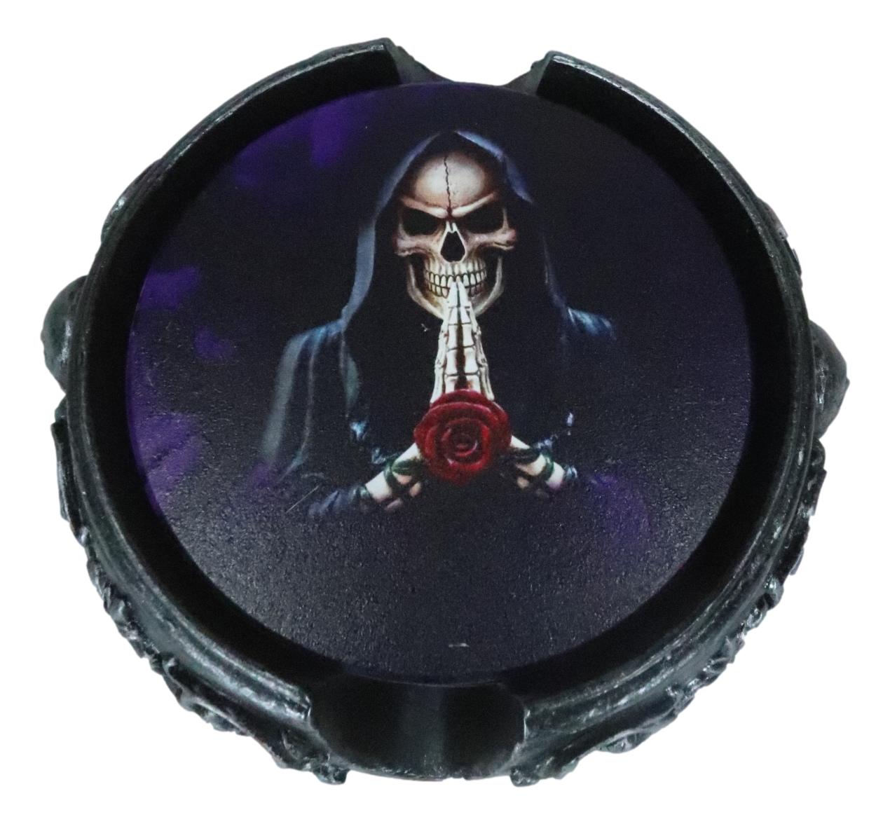 Ebros Gift Gothic Tribal Tattoo Scrollwork Morbid Skulls With Grim Reaper Rose Coaster Set