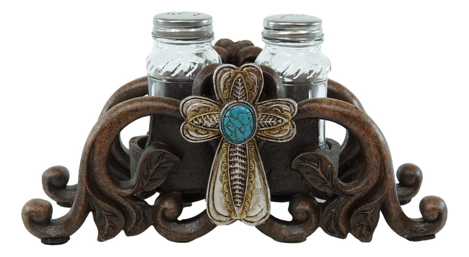 Turquoise Stone Holy Cross with Faux Wood Scroll Vines Salt Pepper Sha ...