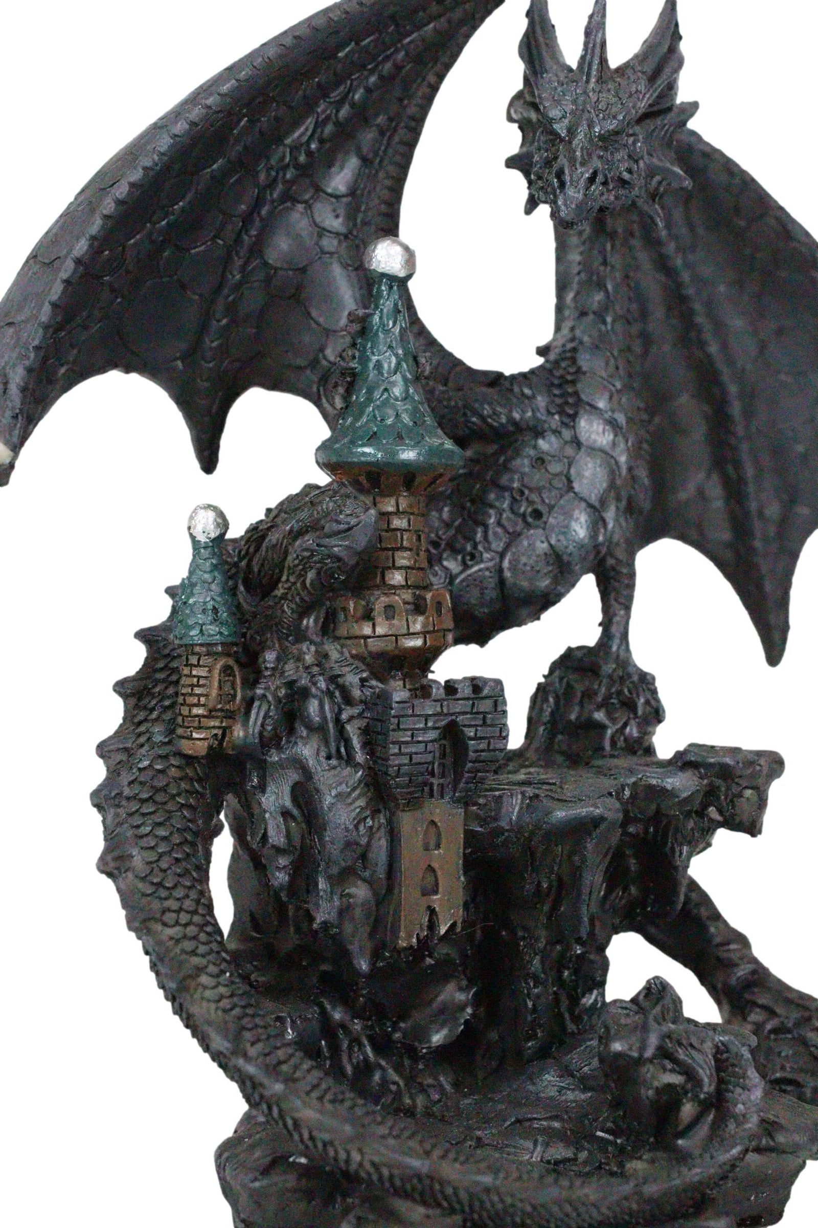 Stone Dragon With Open Wings Guarding Medieval Castle On Mountain Rock ...