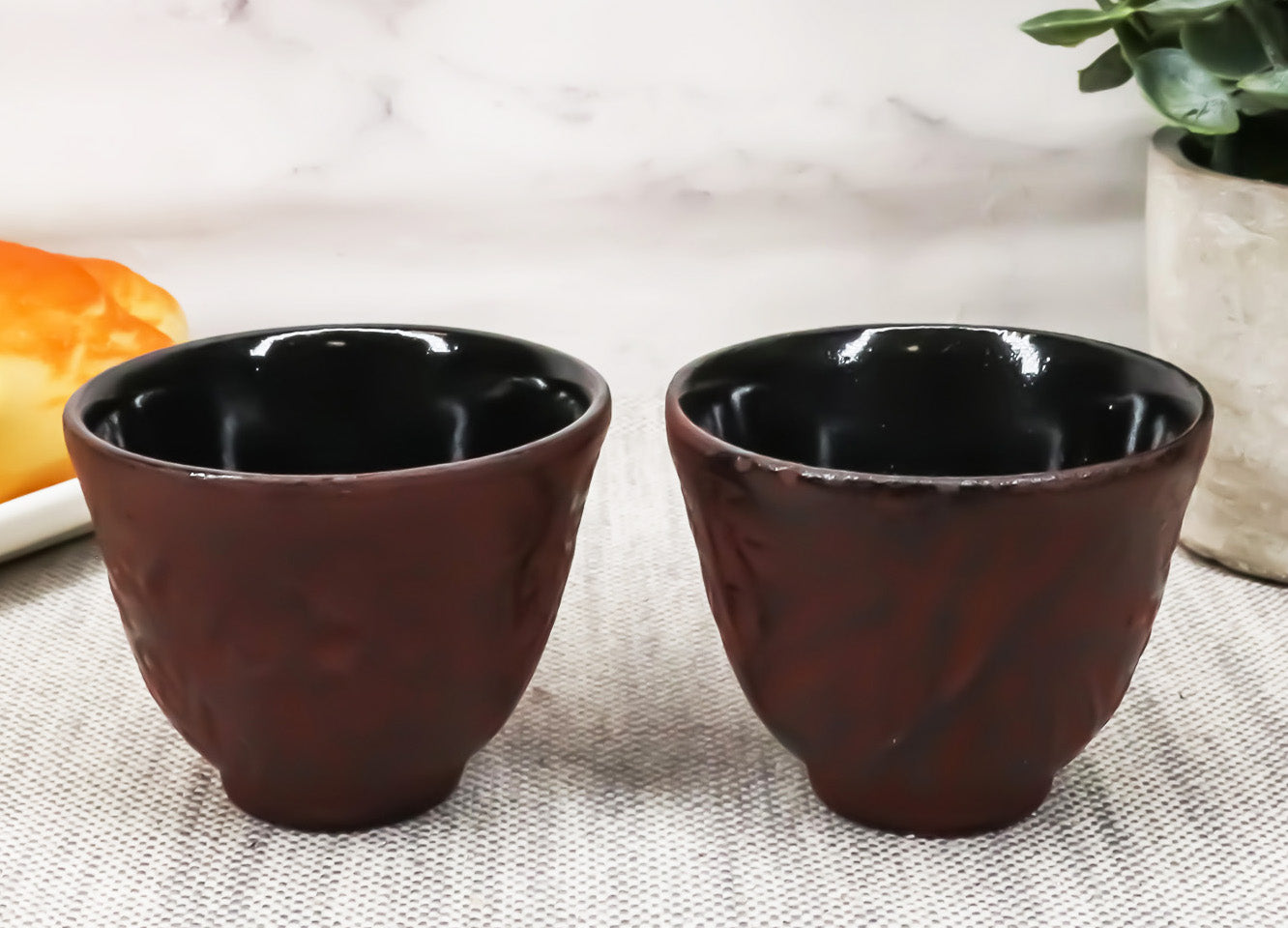 Japanese Cast Iron Tea Cups Set of Two Bamboo Design Red Burgundy Colo ...