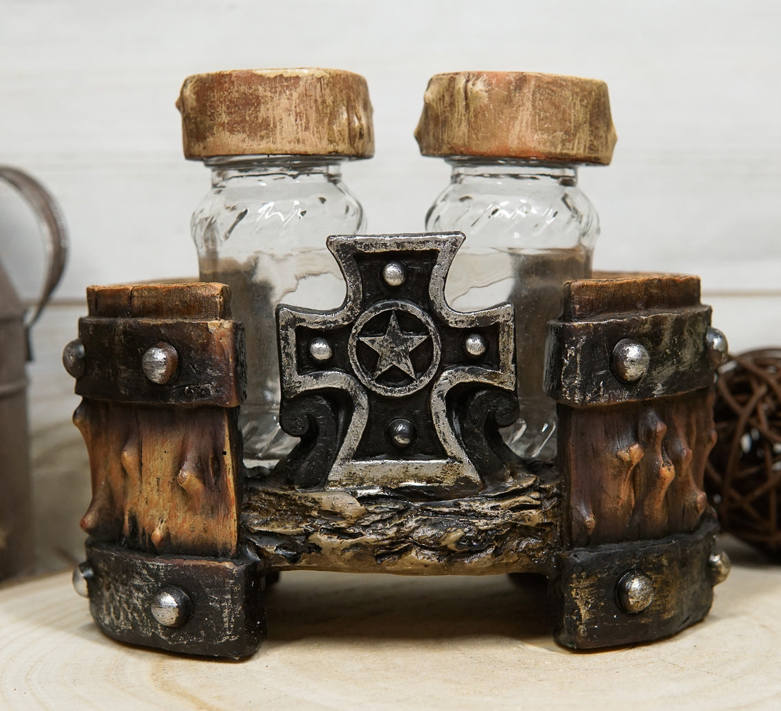 Rustic Western Star Cross With Faux Wood Barrel Base With Salt & Peppe ...