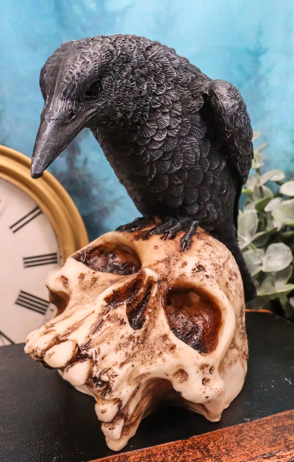 Foreboding Dark Crow Raven On Skull Statue 5"Tall Ossuary Scavenger Ra ...