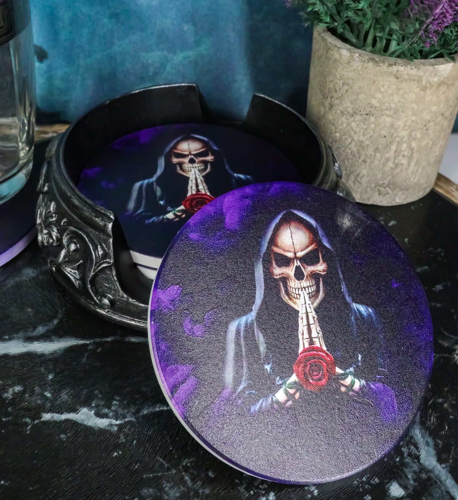 Ebros Gift Gothic Tribal Tattoo Scrollwork Morbid Skulls With Grim Reaper Rose Coaster Set