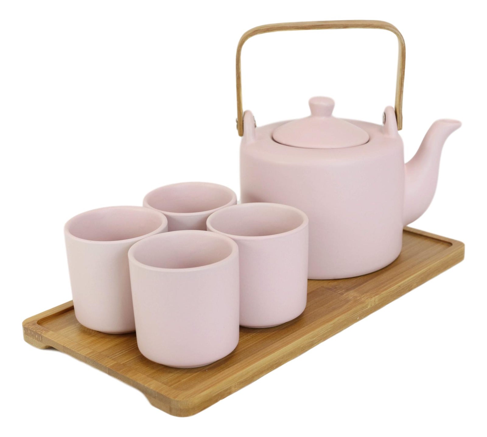 Matte Pink Modern Ceramic 28oz Tea Pot With 4 Cups And Bamboo Serving ...