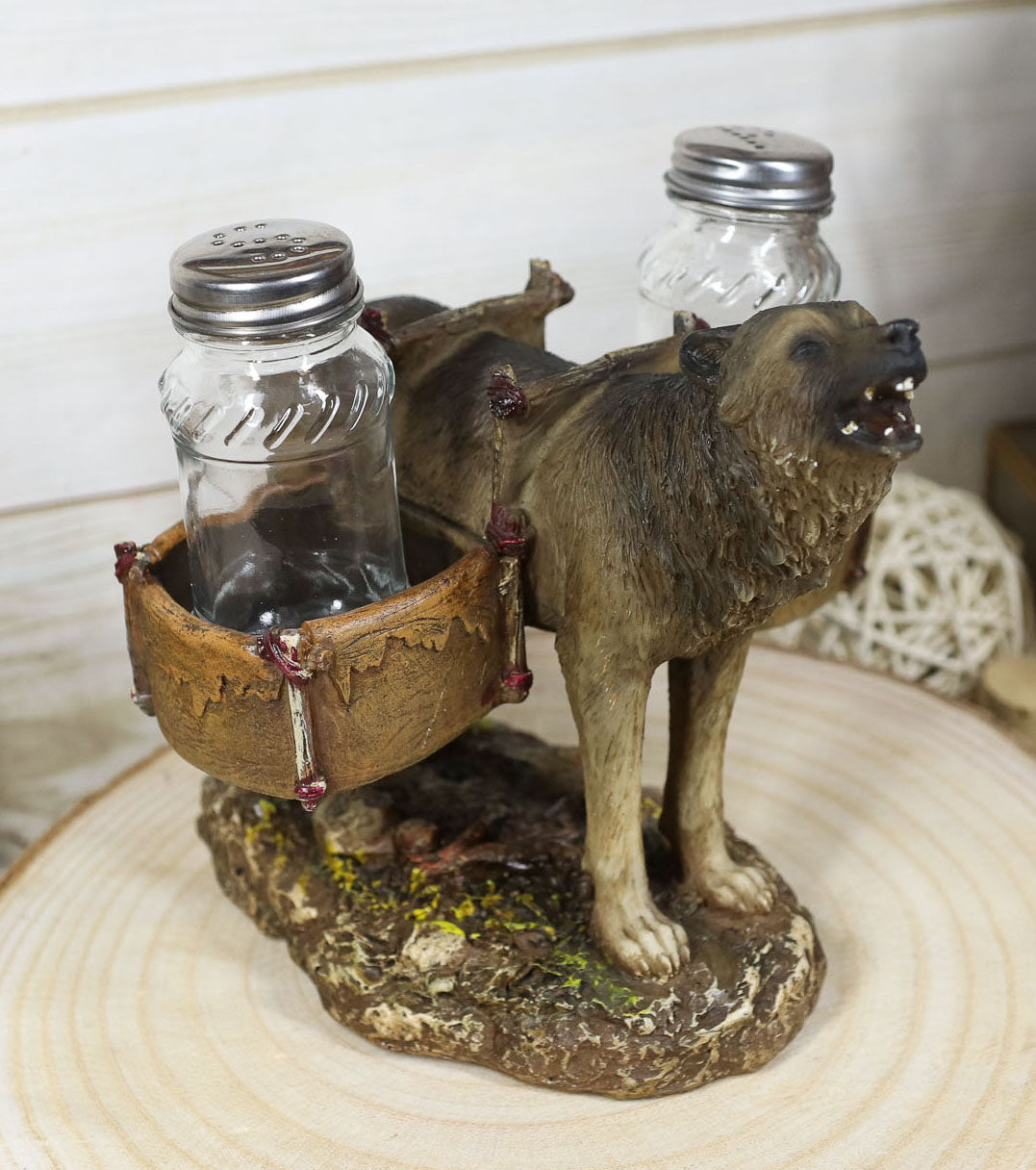 Full Moon Alpha Gray Wolf With Saddlebags Salt & Pepper Shakers Holder ...