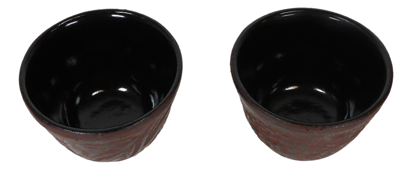 Japanese Cast Iron Tea Cups Set of Two Bamboo Design Red Burgundy Colo ...