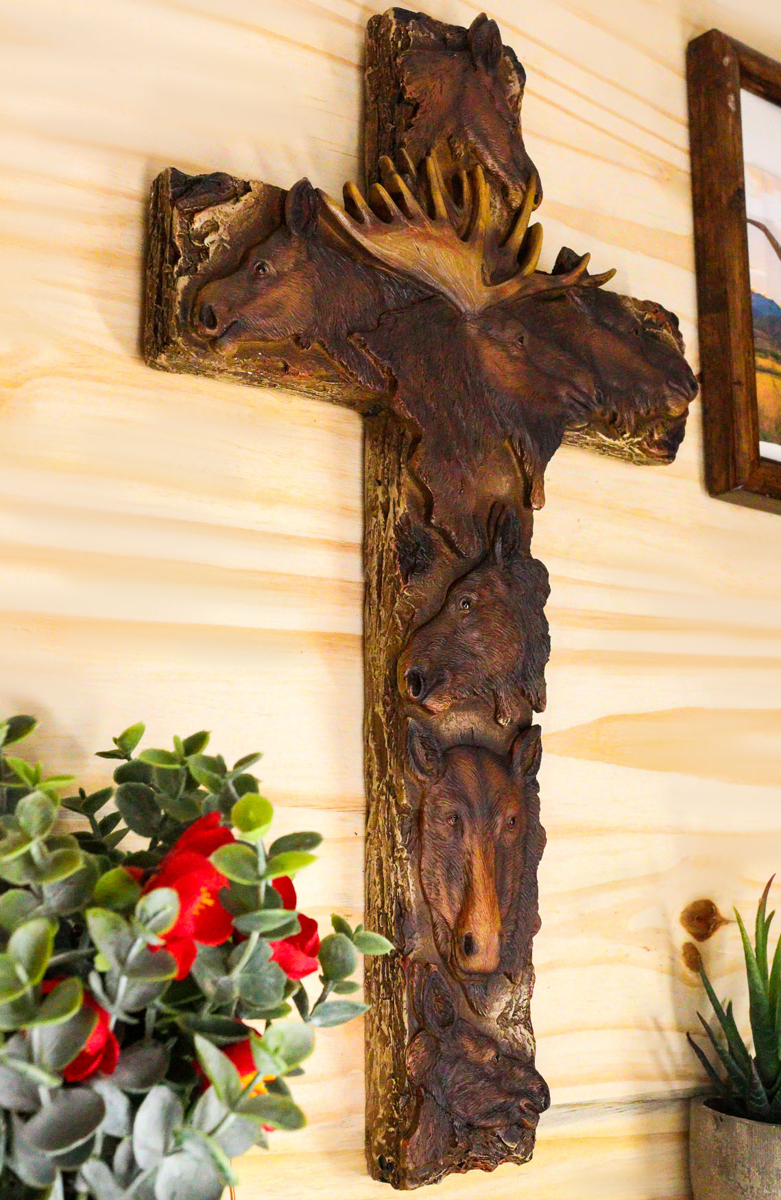Rustic Western Forest Elk Stag Moose Heads Faux Wood Tree Wall Cross D ...
