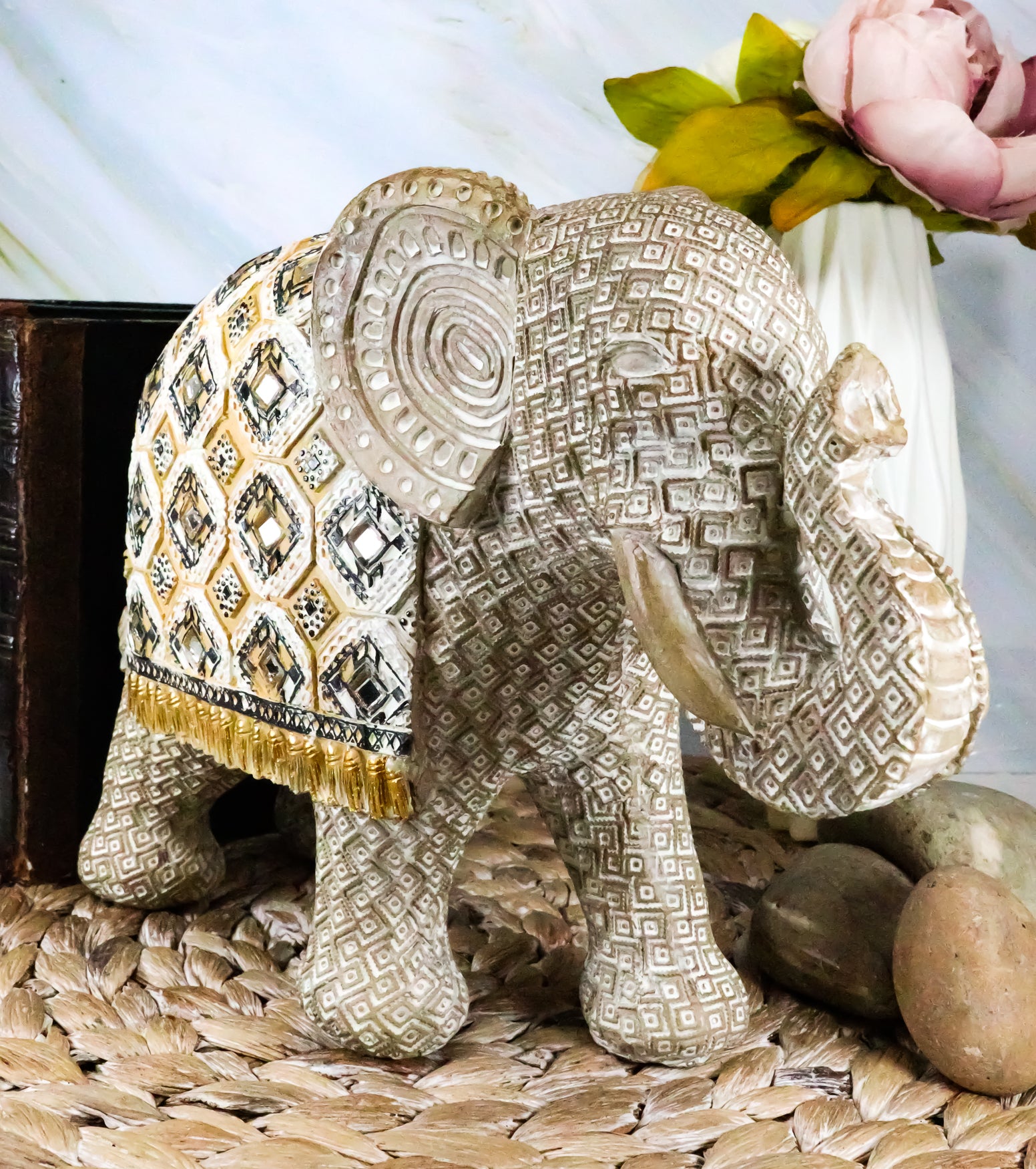 Silver Grey Accent Mosaic Design Noble Elephant With Trunk Up Statue 9 ...