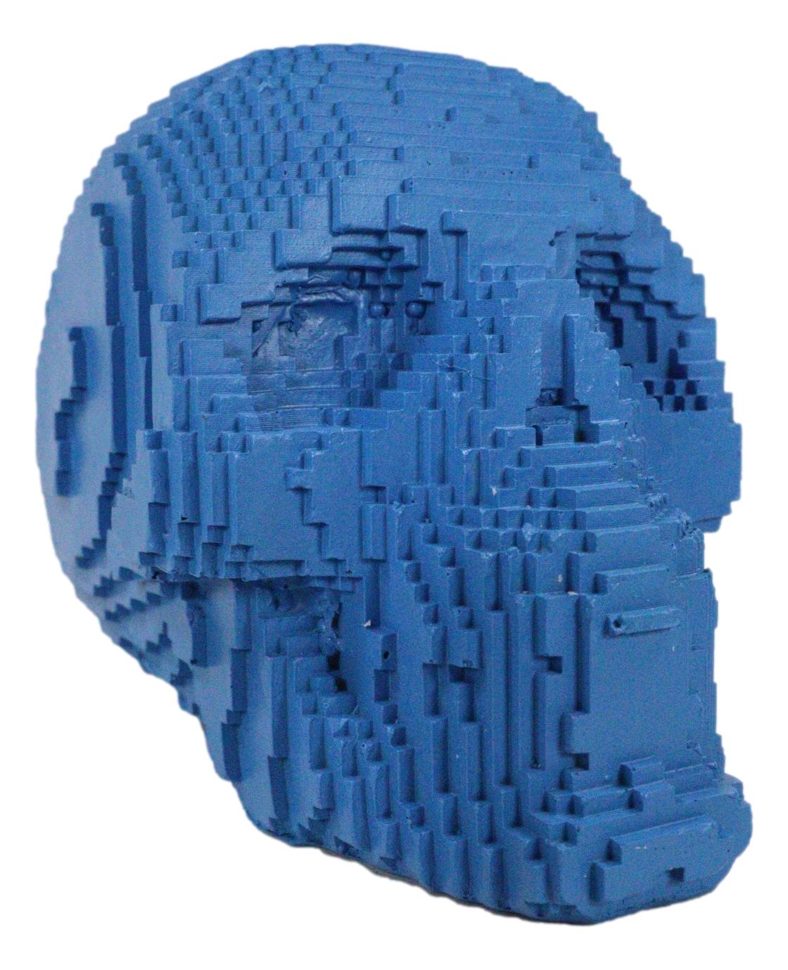 Ebros Gift Blue 3D Pixel Skull Figurine 5"L Cubic Voxel Gamer Skull Sk