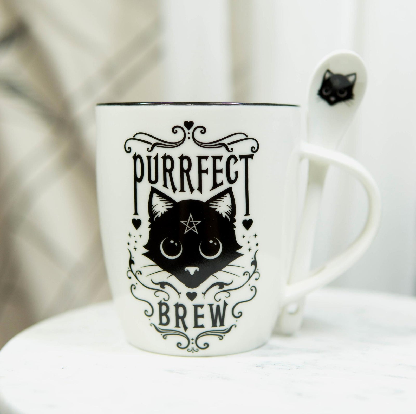 Wicca Sacred Pentacle Cat Purrfect Love Brew Porcelain Mug With Spoon ...
