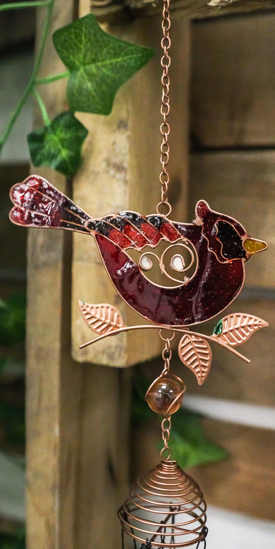 Ebros Gift Stained Glass Red Cardinal Bird Copper Metal Wind Chime 24.