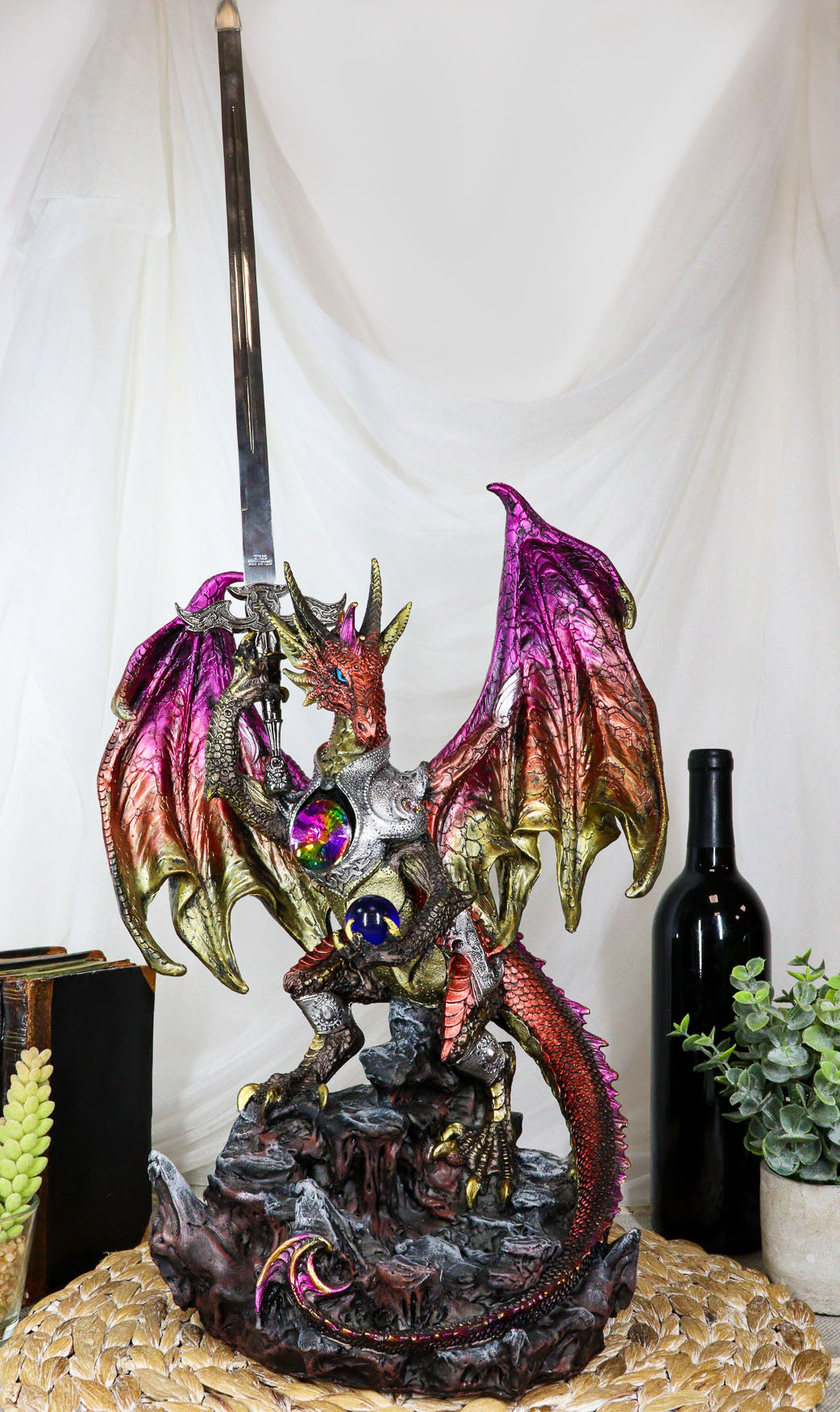 Ebros Gift Large Hyperion Red Ember Crystal Heart Armored Dragon Guard