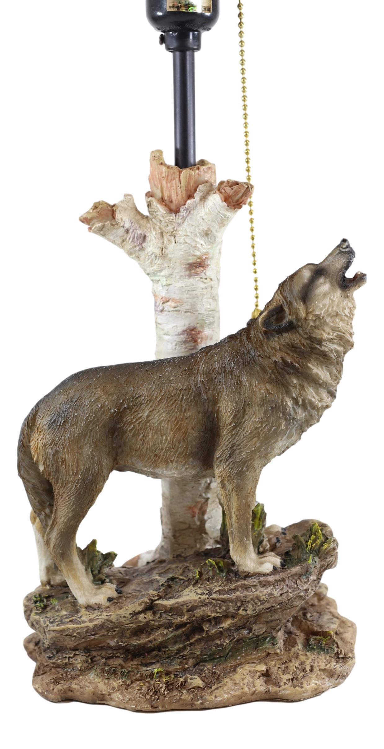 Rustic Wildlife Grey Wolf Howling By Birchwood Tree Table Lamp With La ...