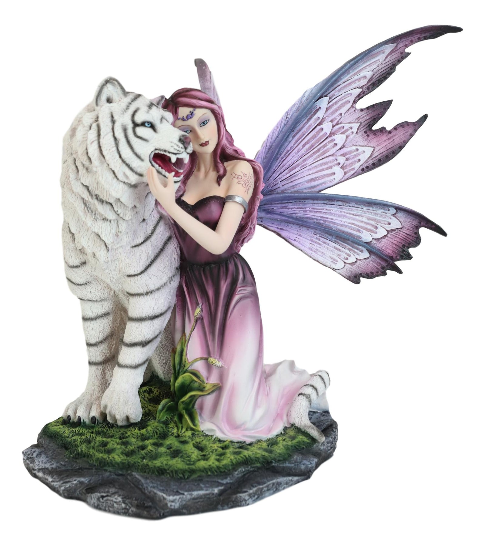 Large Lavender Fairy Embracing Siberian White Tiger Statue Fantasy Hom ...