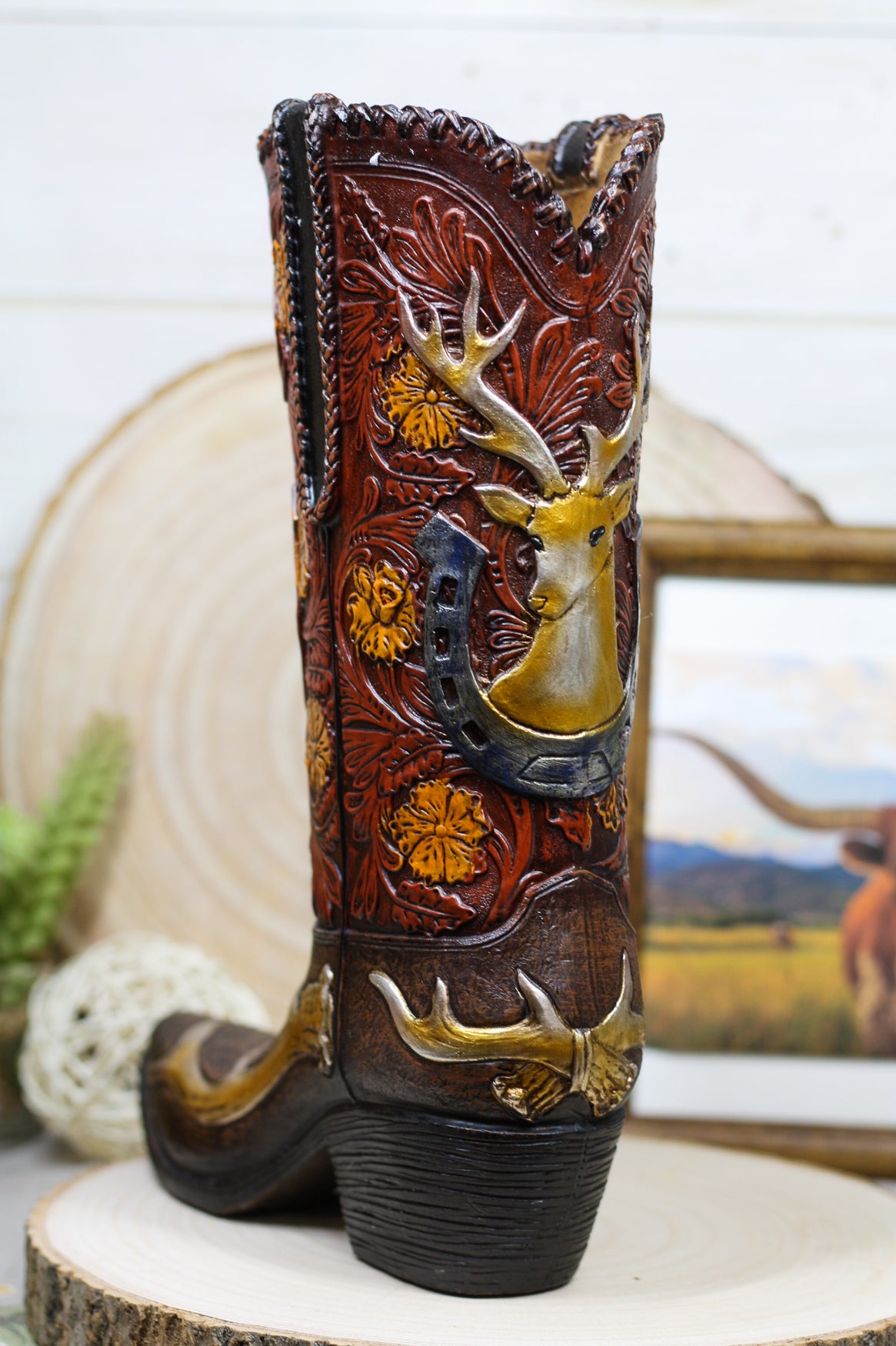 Western Deer Antlers Horseshoe Floral Scroll Art Cowboy Cowgirl Boot V ...