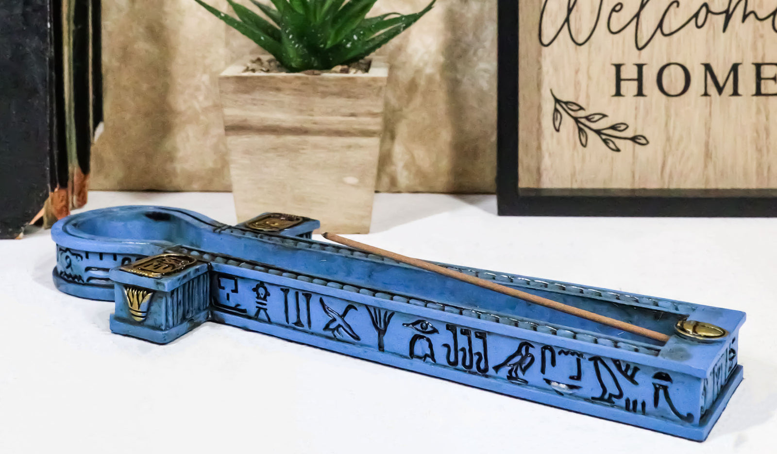 Egyptian Blue Hieroglyphic Symbols Golden Cartouche Ankh Key Incense H ...