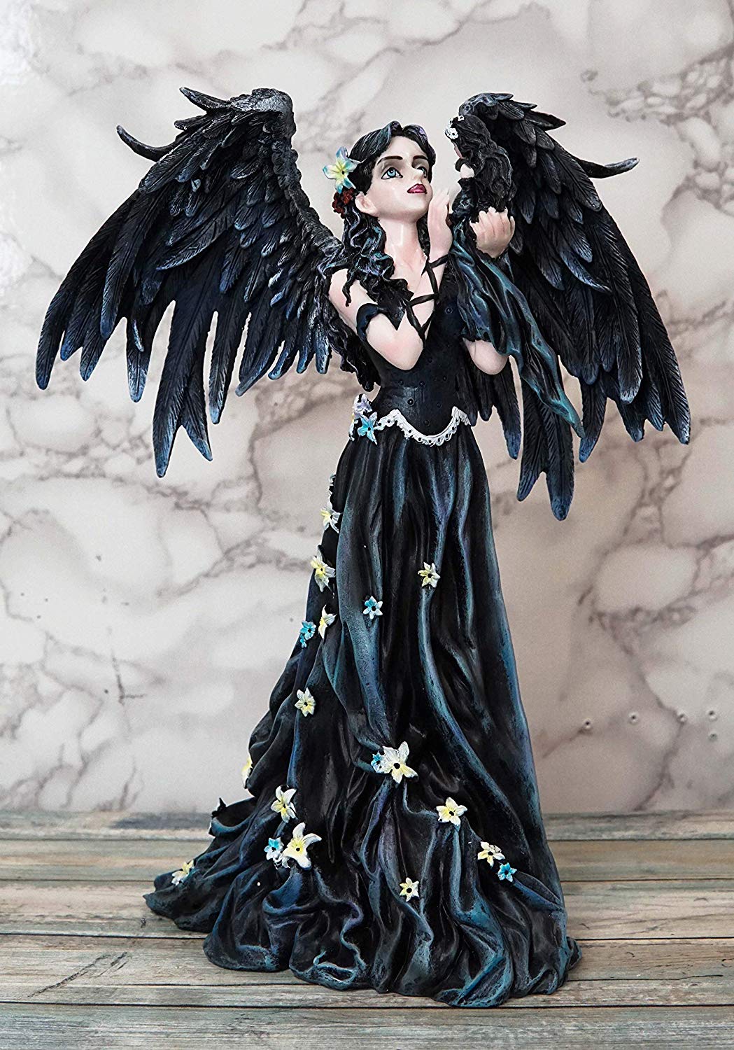 Ebros Gothic Raven Crow Angel in Black Floral Gown Statue 11.5" Tall N ...