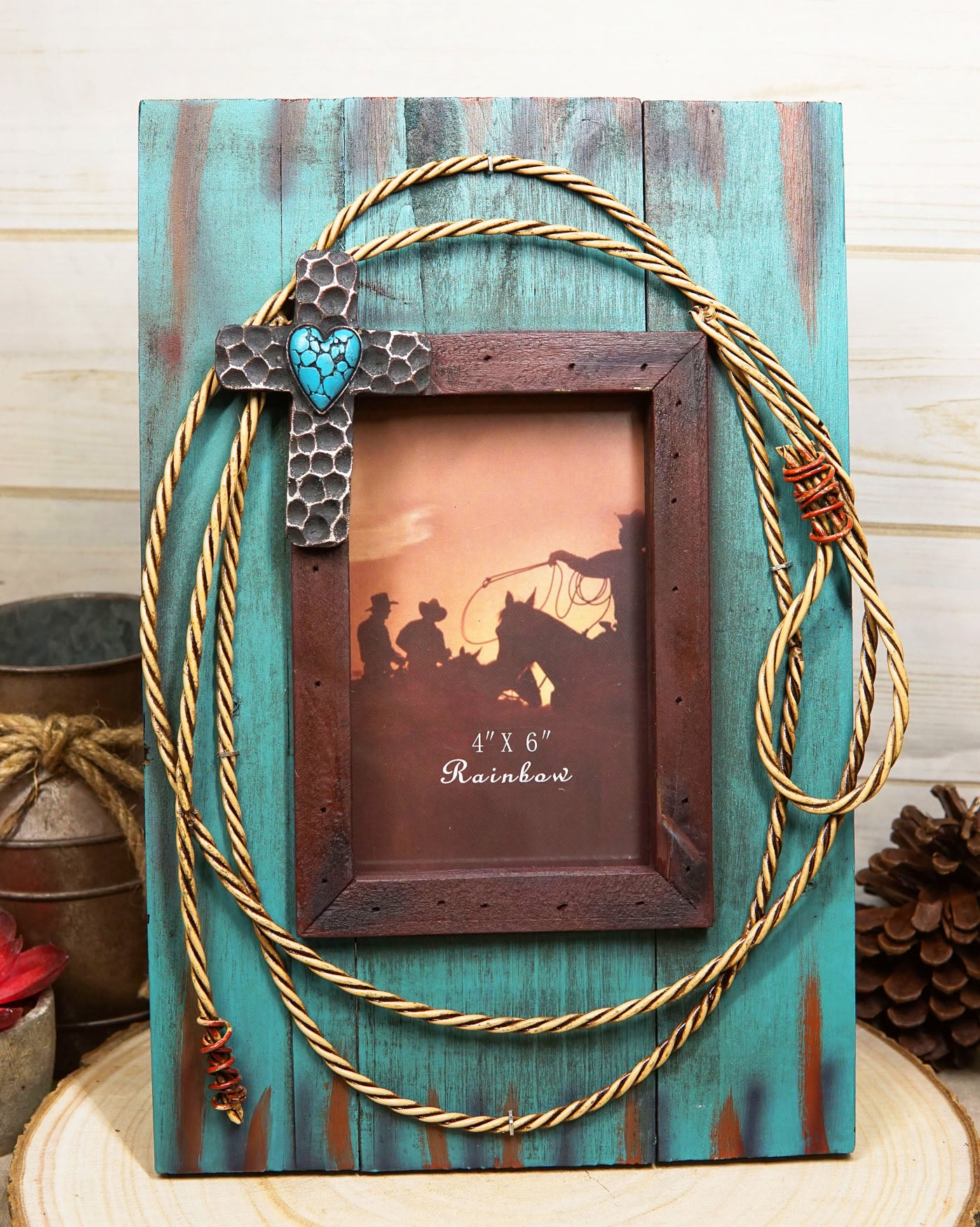 Rustic Western Cowboy Turquoise Barn Wood With Lasso Rope and Cross Ph ...