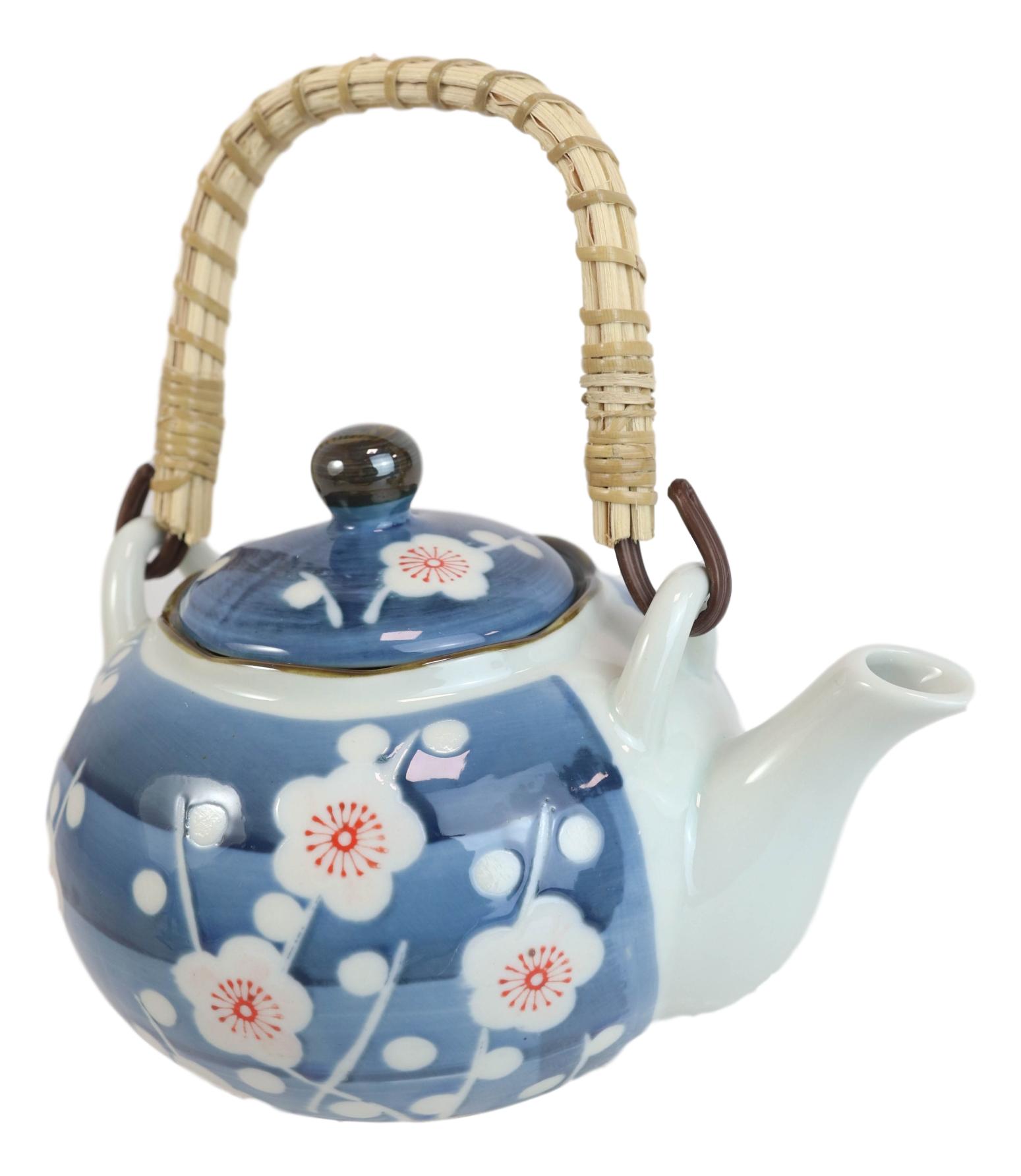 Japanese Cherry Blossom Blue Ceramic 24oz Tea Pot With 4 Cups And Stra ...