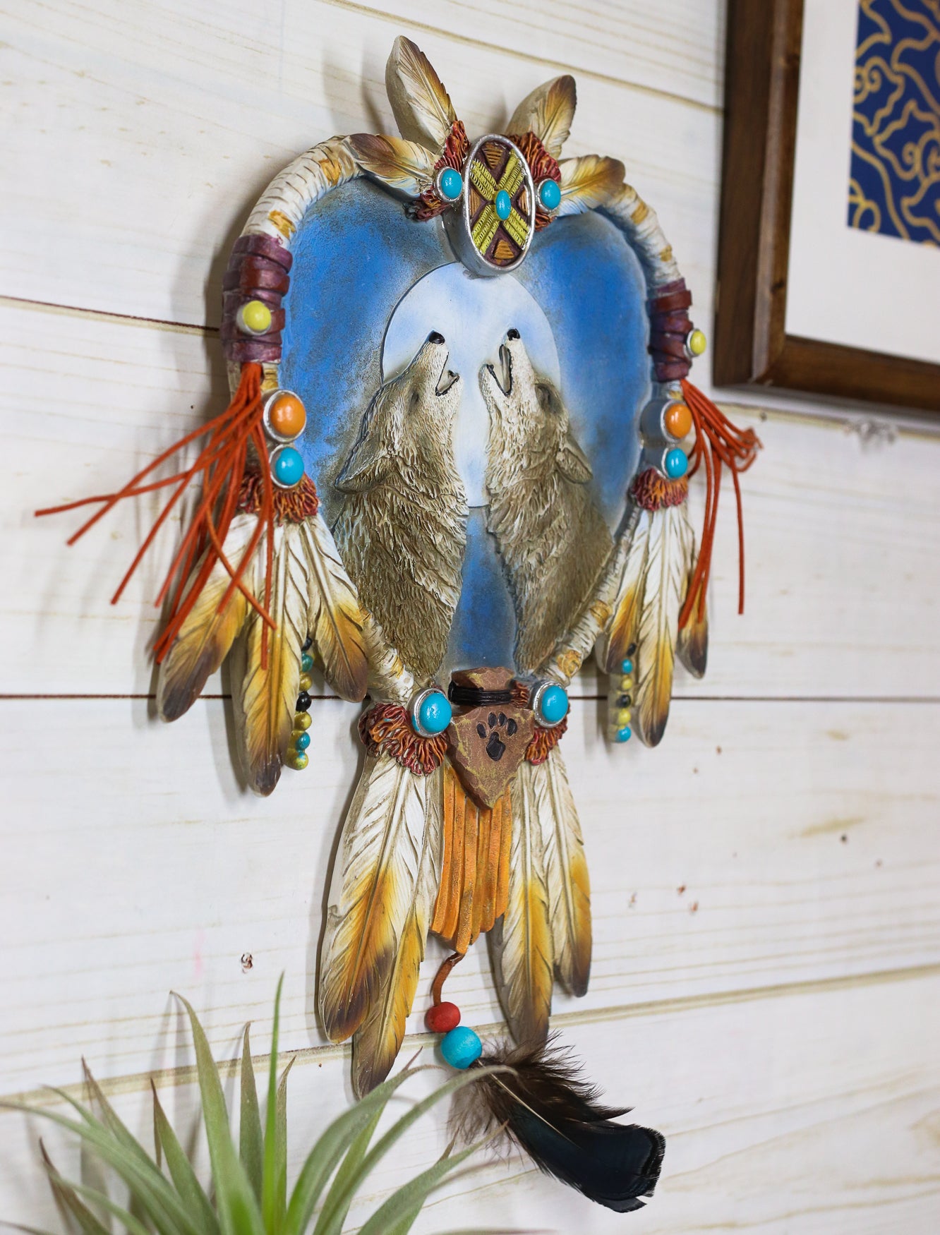 Ebros Full Moon With 2 Howling Wolves Dreamcatcher Beaded Lace Feather ...