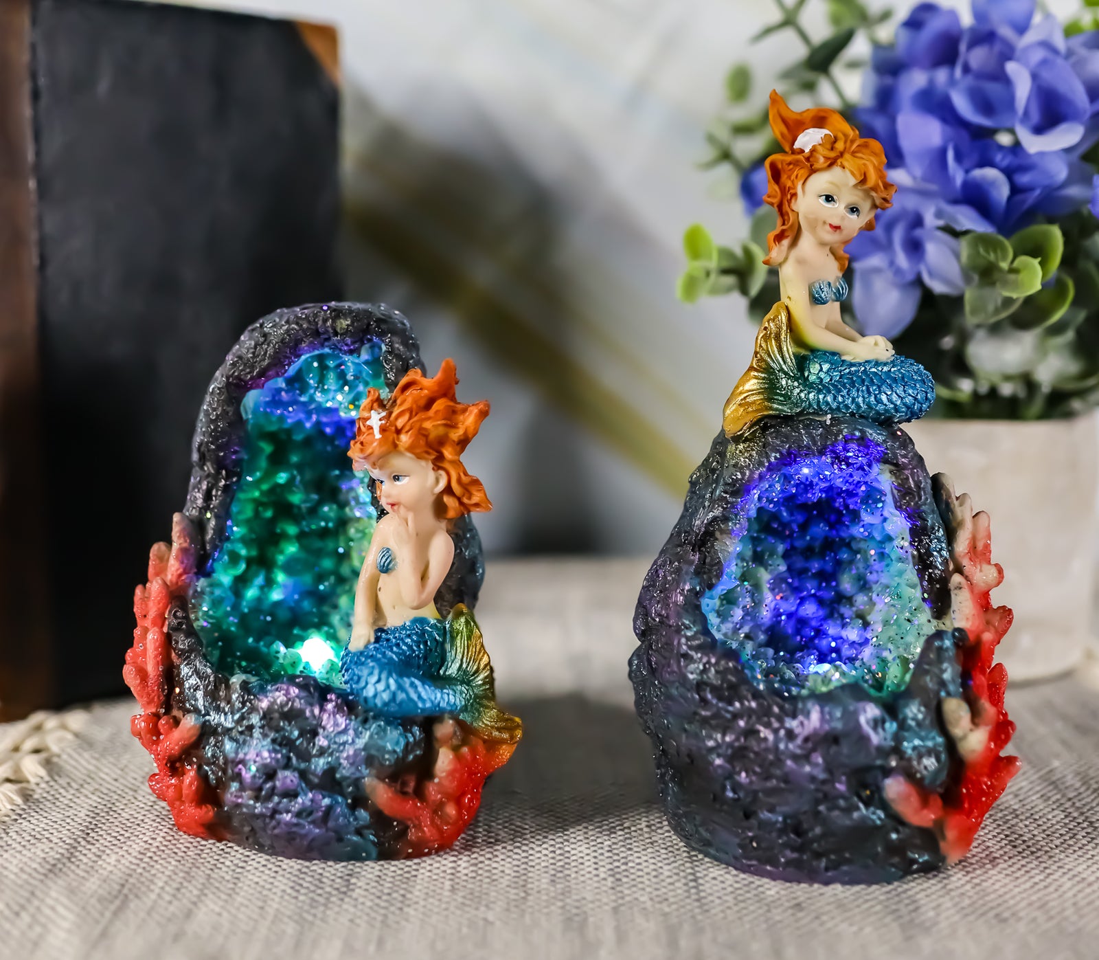 Ebros Nautical Blue Tail Mermaids With LED Light Geode Crystal Cave Fi ...
