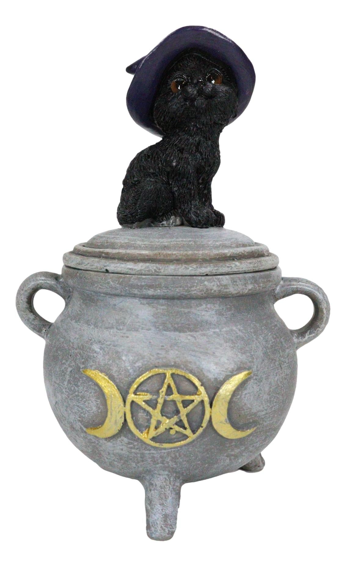 Halloween Wicca Black Cat With Witch Hat On Triple Moon Cauldron Decor ...