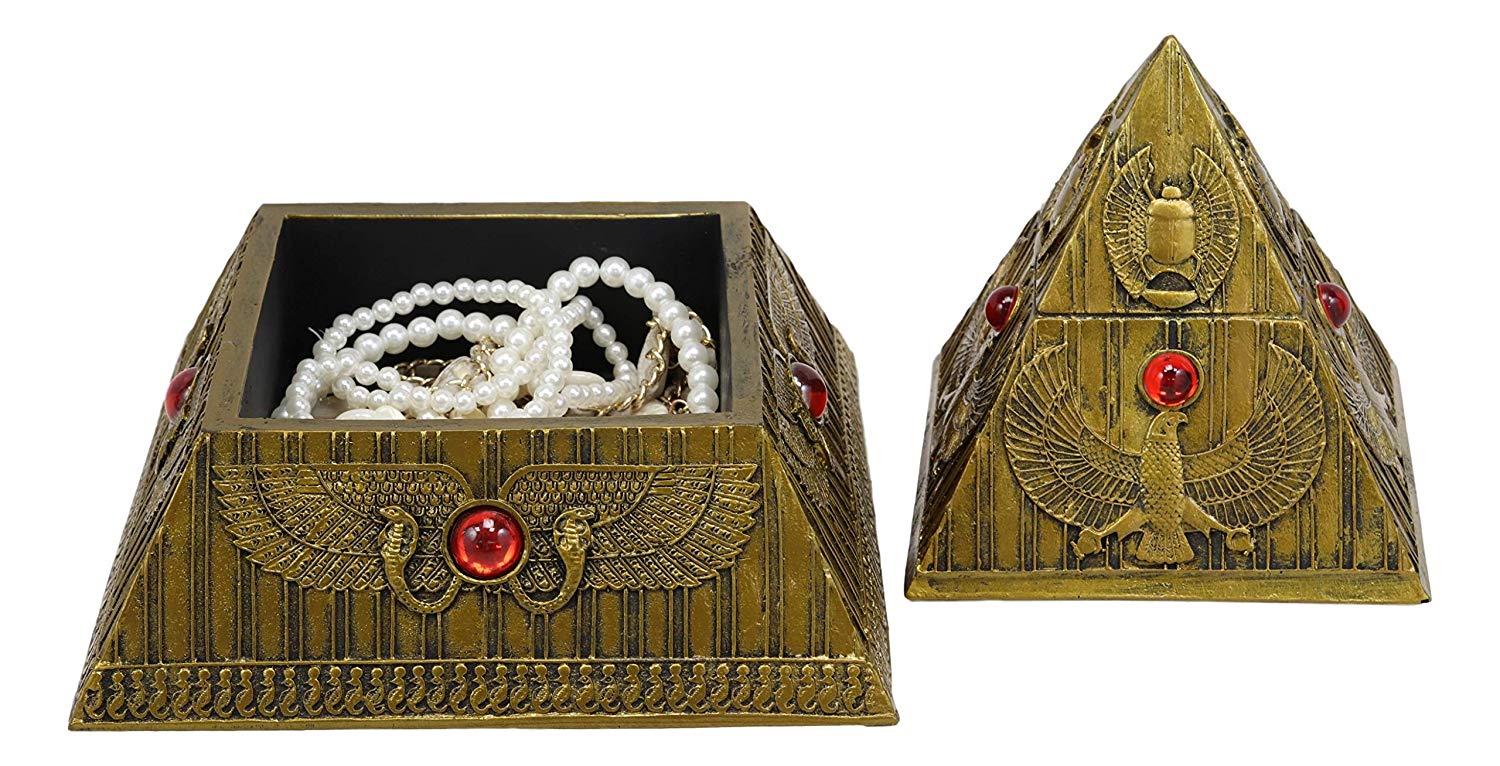 Ebros Egyptian Golden Winged Scarab Falcon Pyramid Jewelry Box Figurin ...