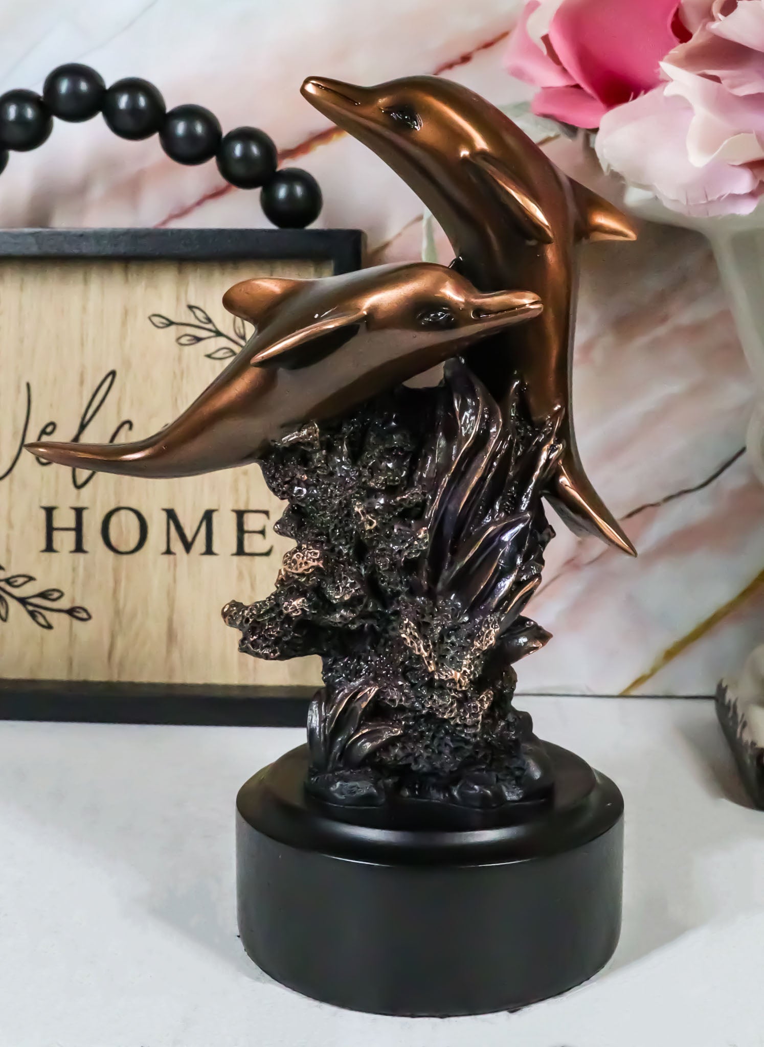 Nautical Dolphins Swimming By Ocean Coral Reef Tower Bronzed Resin Fig– Ebros Gift
