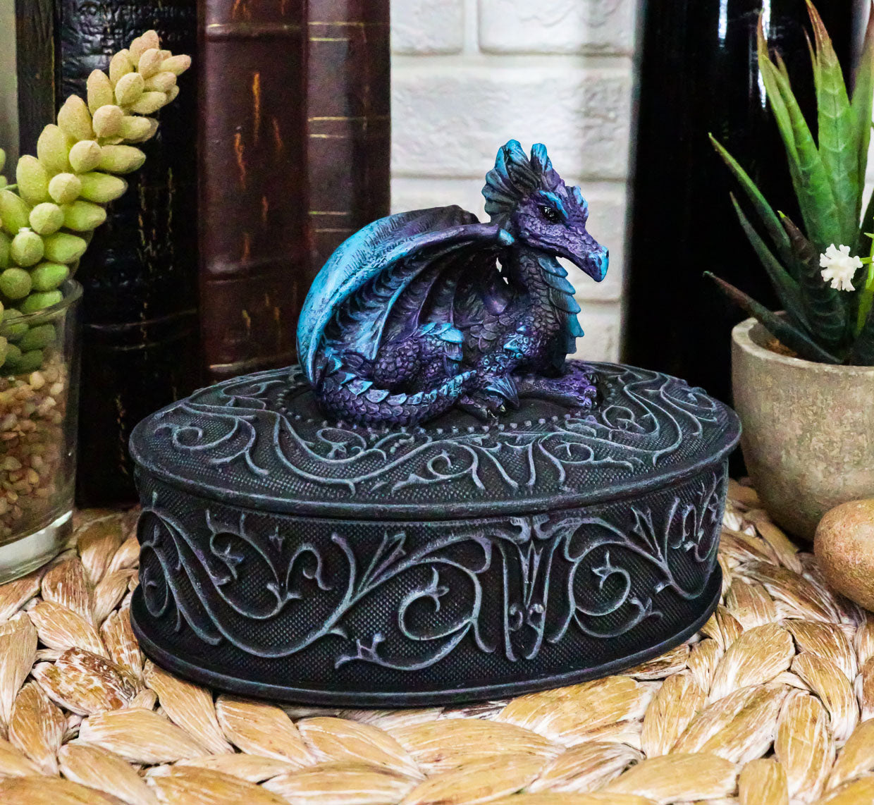 Fearsome Guardian Midnight Blue Dragon Oval Jewelry Trinket Box Figuri ...