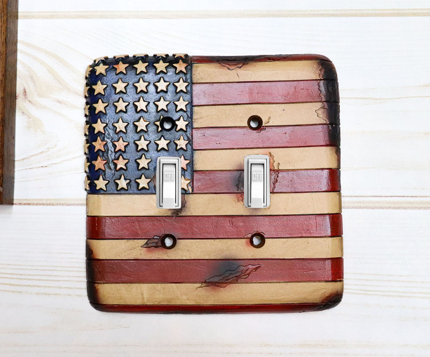 Set of 2 Rustic Patriotic USA American Flag Wall Double Toggle Switch ...