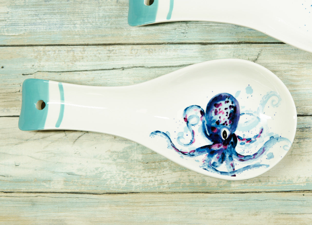 Nautical Blue And White Sea Octopus Ceramic Kitchen Utensil Holder Spo ...